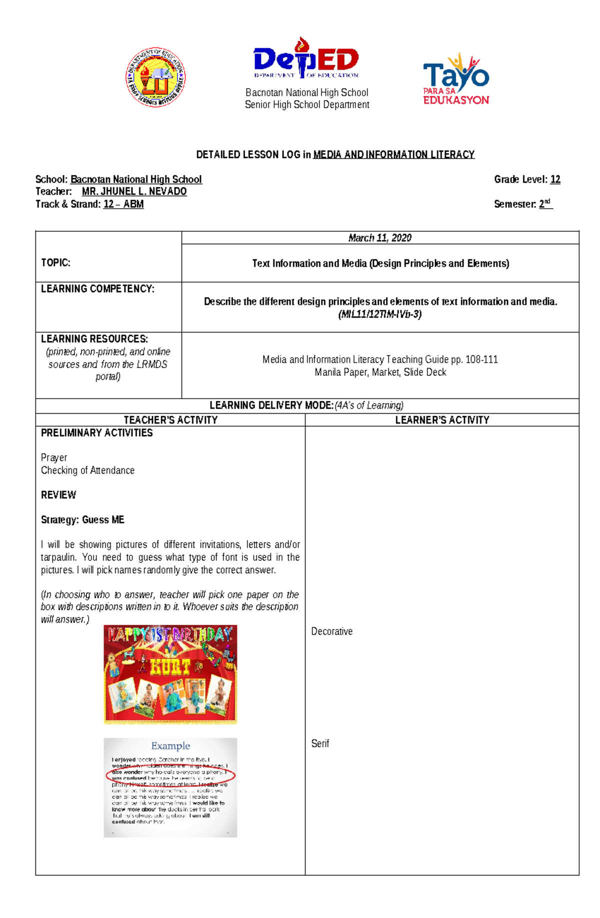 COT 1 - Lesson Plan - Bacnotan National High School Senior High School ...