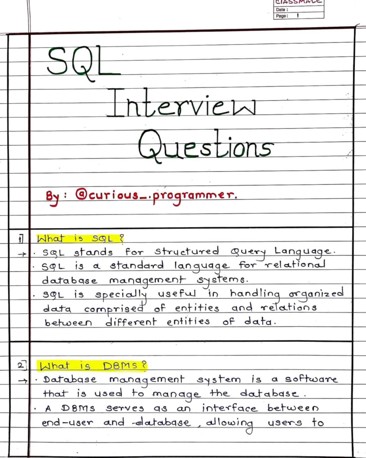 Sql interview questions - l C.-~~ M. A-".;... l Date : I Page : I - C ...