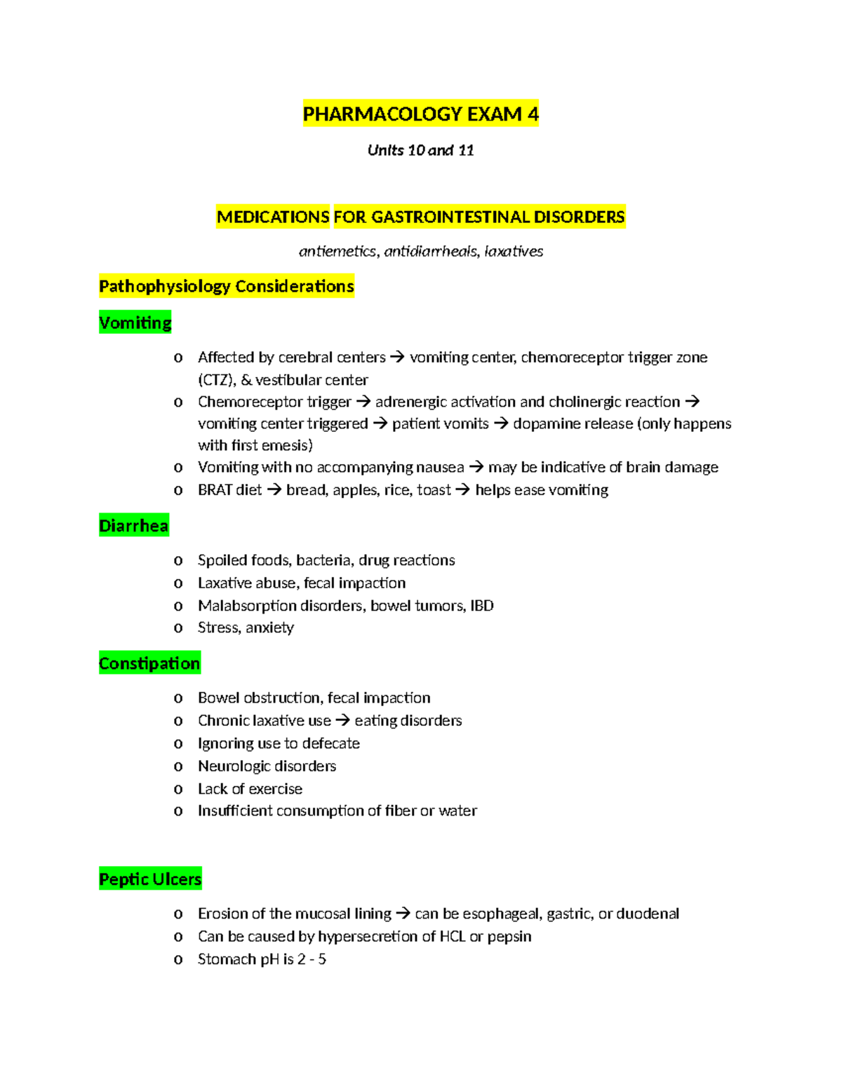 Pharmacology EXAM 4: Medications for Gastrointestinal Disorders ...