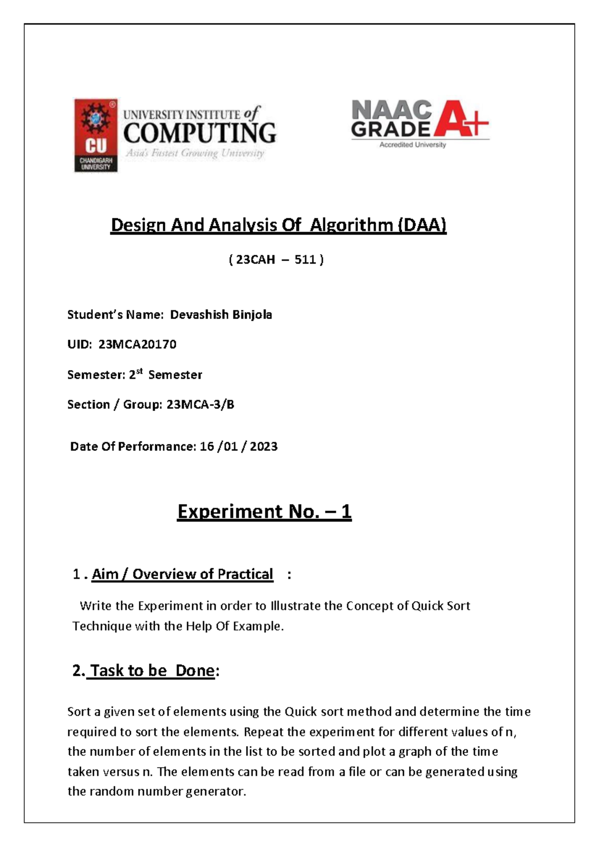 Experiment 1 - decent - Design And Analysis Of Algorithm (DAA) ( 23CAH – 511 ) Student’s Name ...