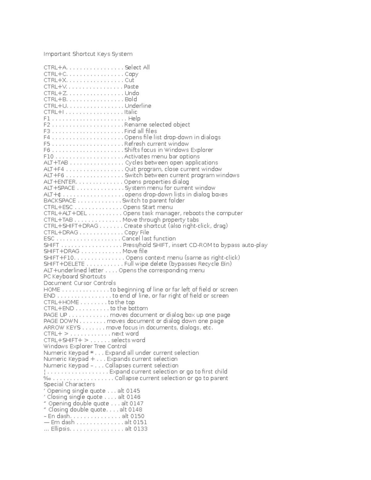 Important Shortcut Keys System - Important Shortcut Keys System CTRL+A ...