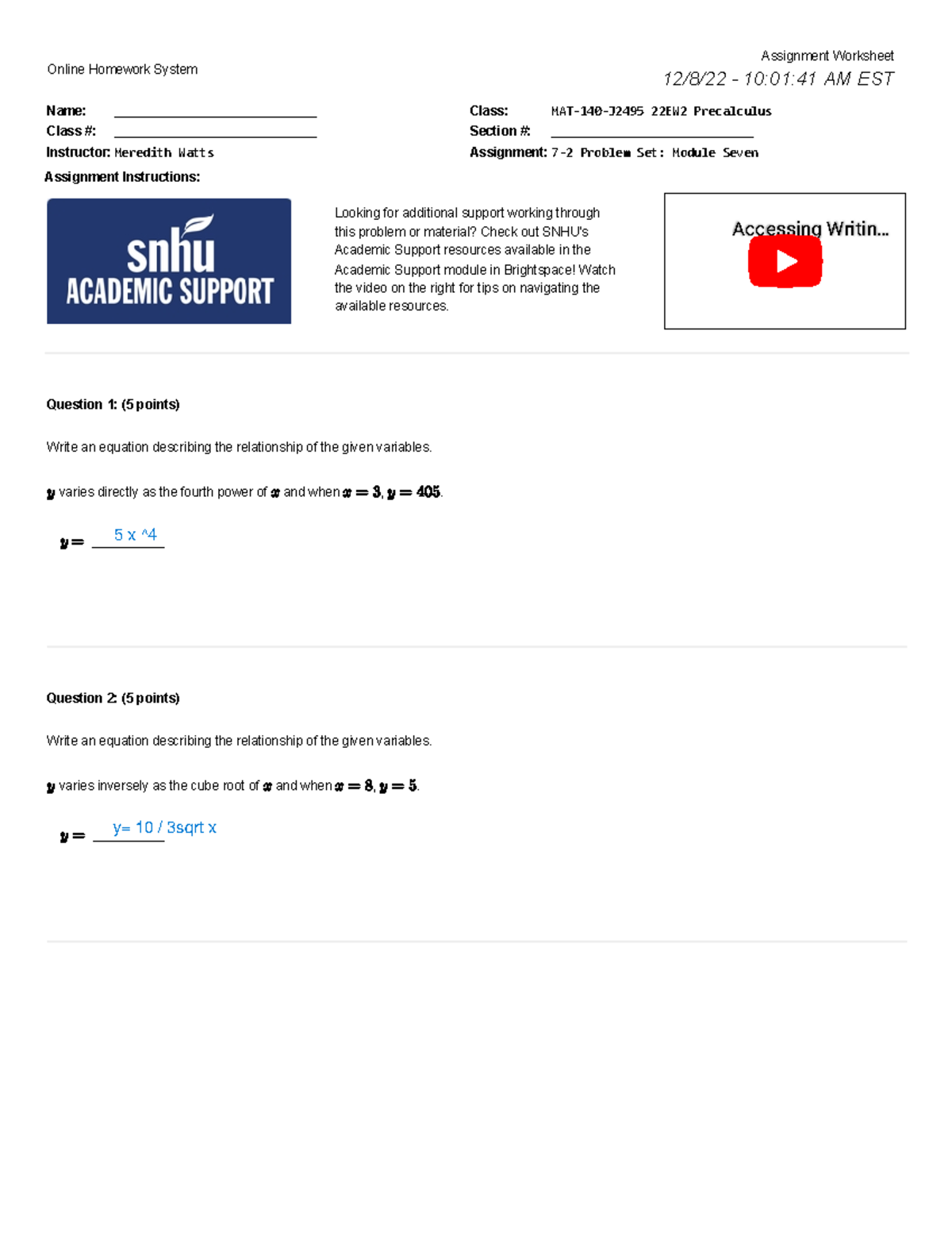 Mod7 - Module 7 Exam - Accessing WritinAccessing Writin...... Online Homework System Assignment ...