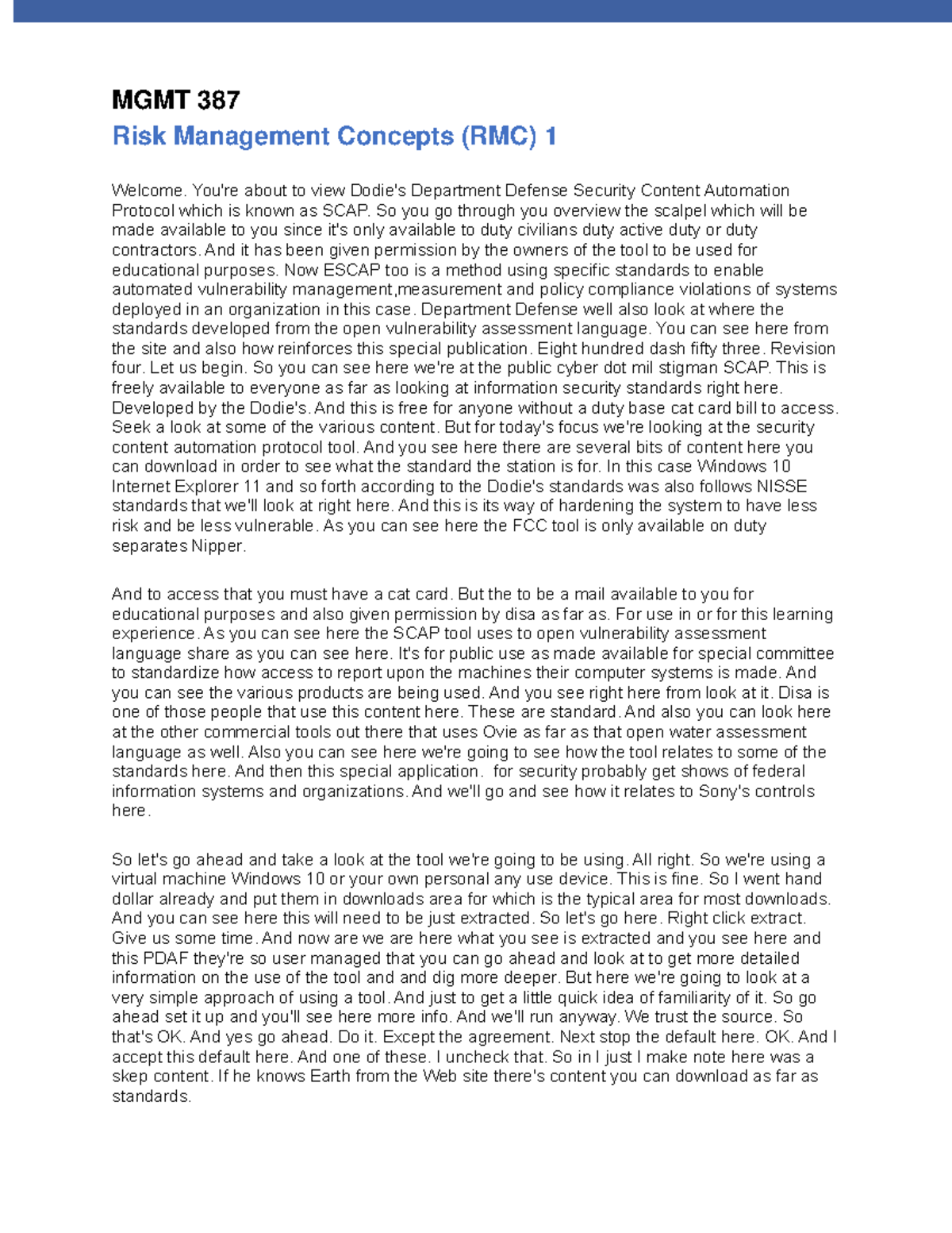 Risk Management Concepts (RMC) 1 - You're about to view Dodie's ...