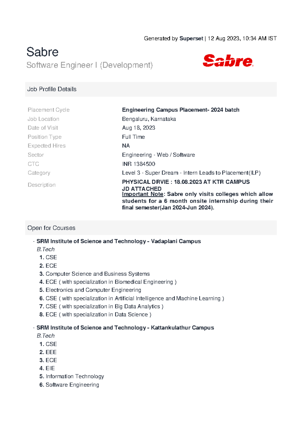 Software Engineer I (Development) - Generated by Superset | 12 Aug 2023, 10:34 AM IST Sabre ...