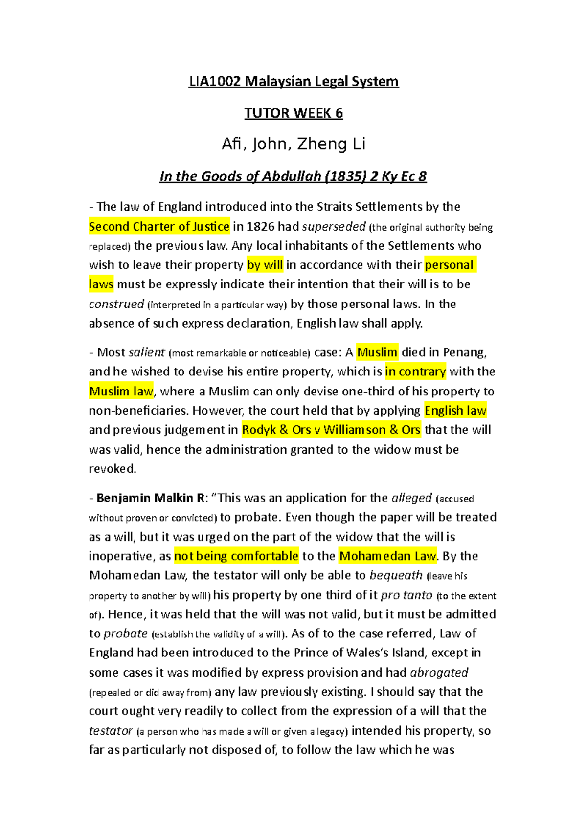 Tutorial Answers Week 6 - LIA1002 Malaysian Legal System TUTOR WEEK 6 ...