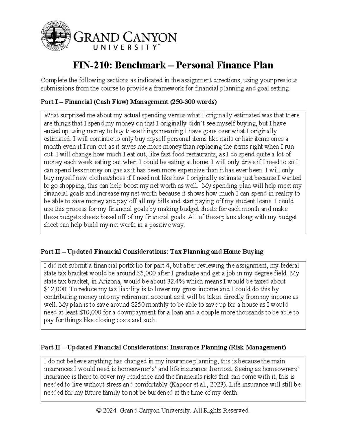 FIN 210 RS T6 Benchmark Personal Finance Plan - FIN-210: Benchmark ...