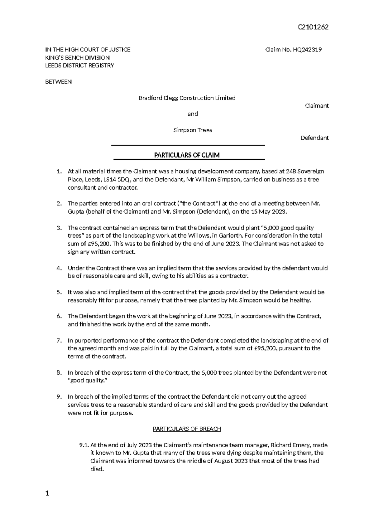 Drafting Exam - IPP - C IN THE HIGH COURT OF JUSTICE Claim No. HQ KING ...