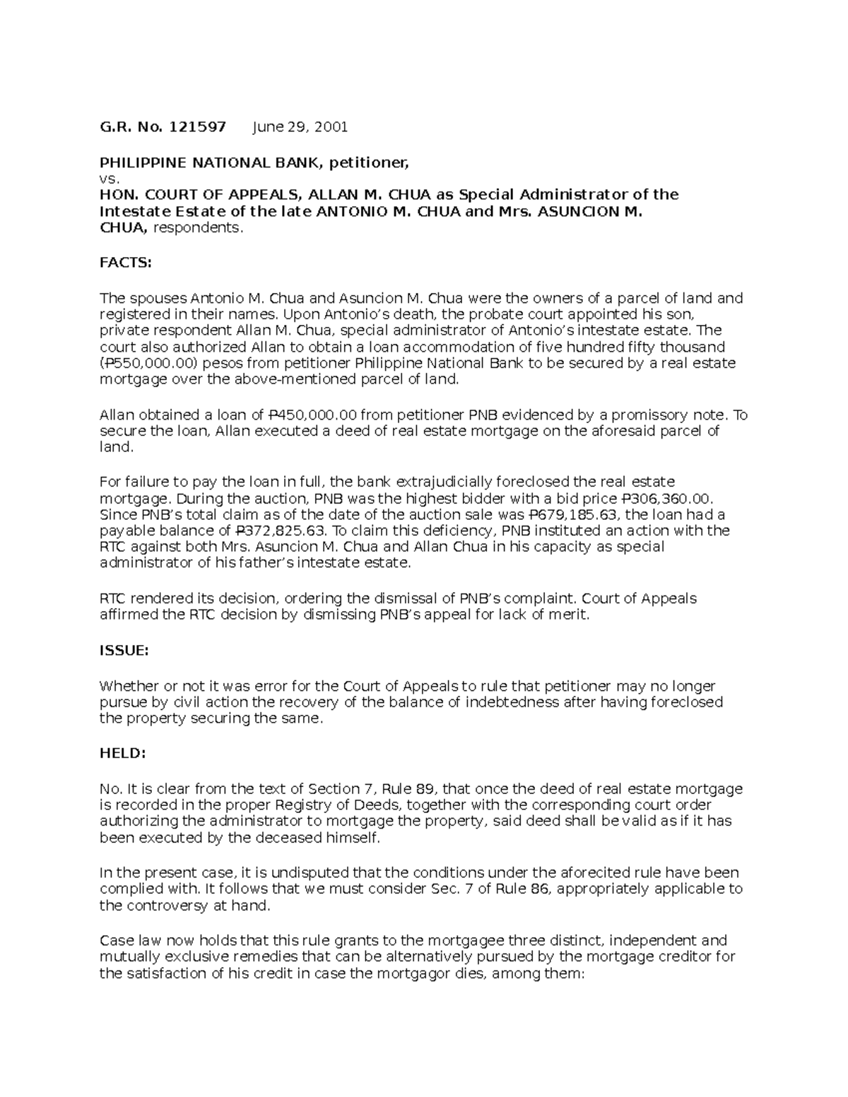 Spec Pro PNB vs CA Rule 86 - G. No. 121597 June 29, 2001 PHILIPPINE ...