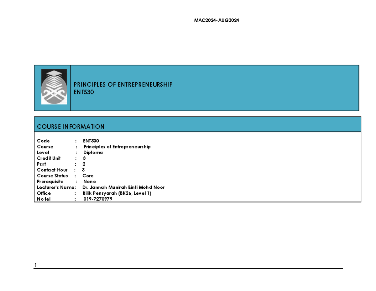 Lesson Plan ENT300 Mac July2024 - PRINCIPLES OF ENTREPRENEURSHIP ENT ...