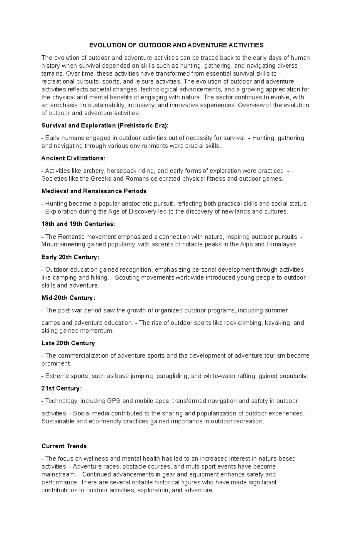 Evolution OF Outdoor AND Adventure Activities - EVOLUTION OF OUTDOOR ...