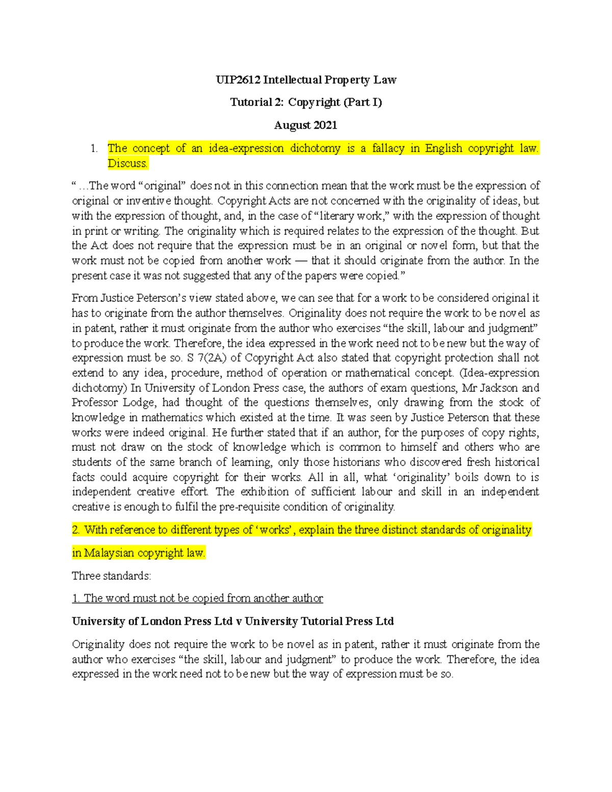Tutorial 2 - UIP2612 Intellectual Property Law Tutorial 2: Copyright ...