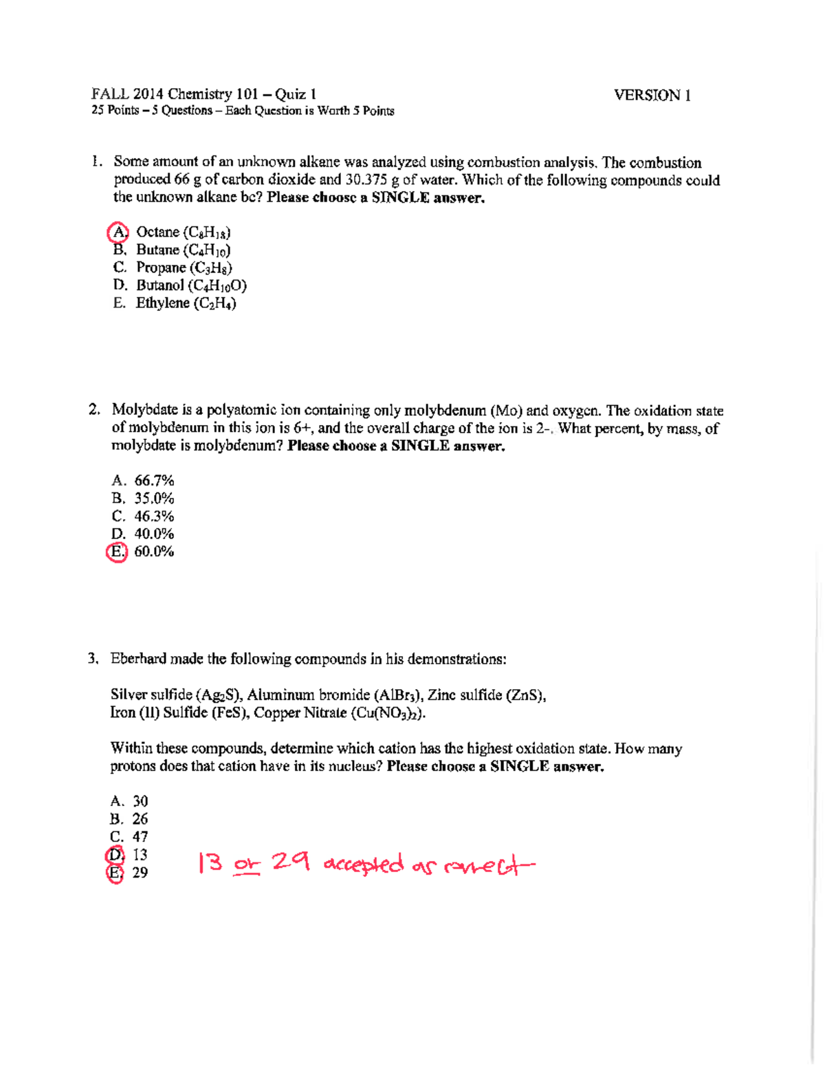 F14C101 Quiz 1 Simple Key - General Chemistry - FALL 2014 Chemistry 101 ...