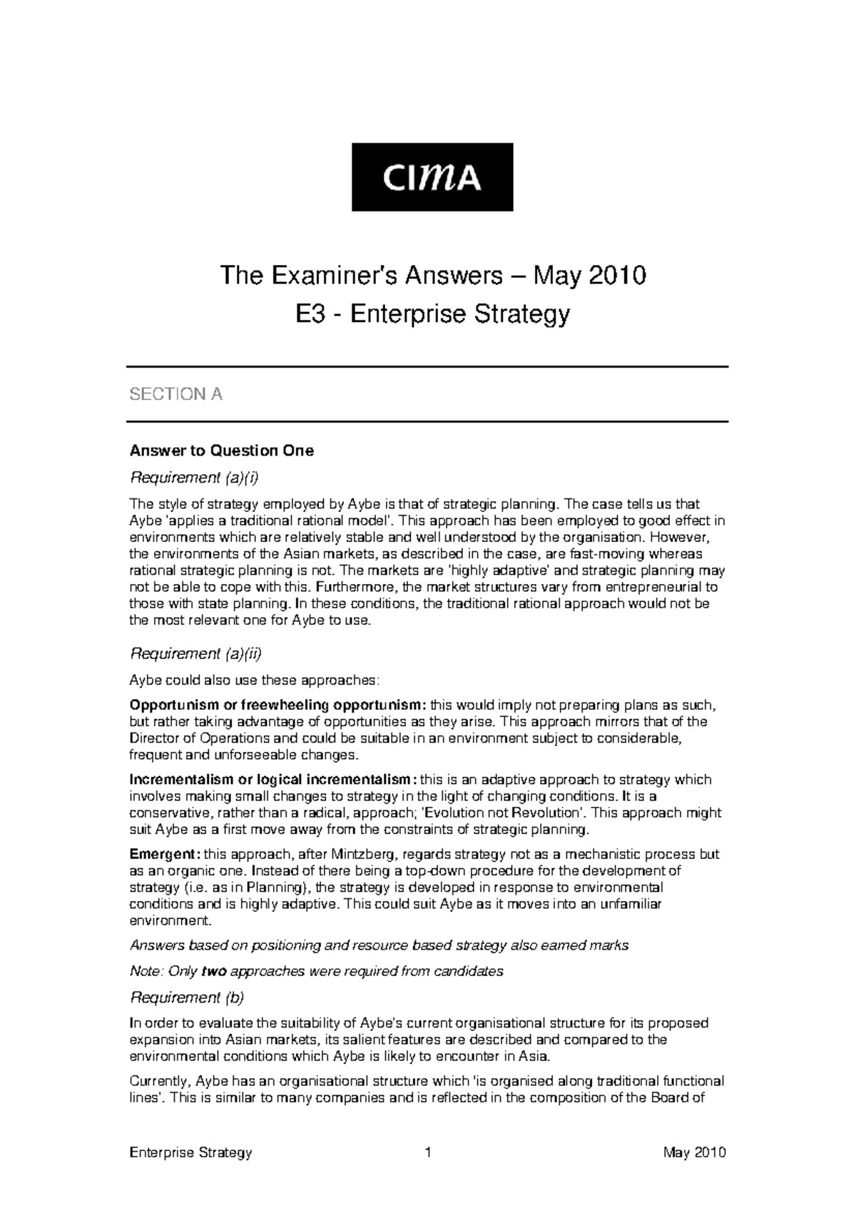 E3 Answers May 2010 - E3 QUESTION PAPERS - Enterprise Strategy 1 May ...