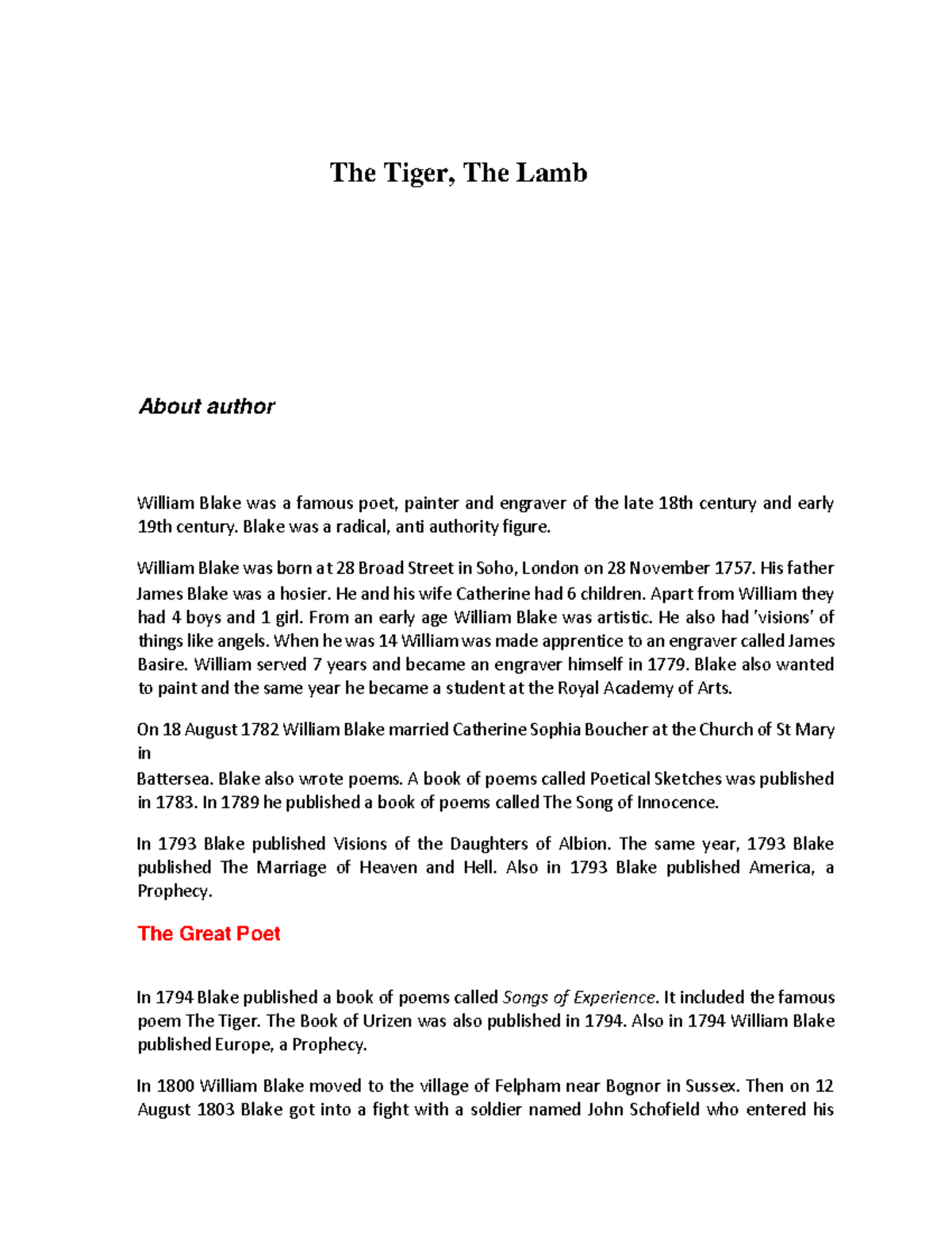 Document (6) - British Literature 19 th century poem - The Tiger, The ...