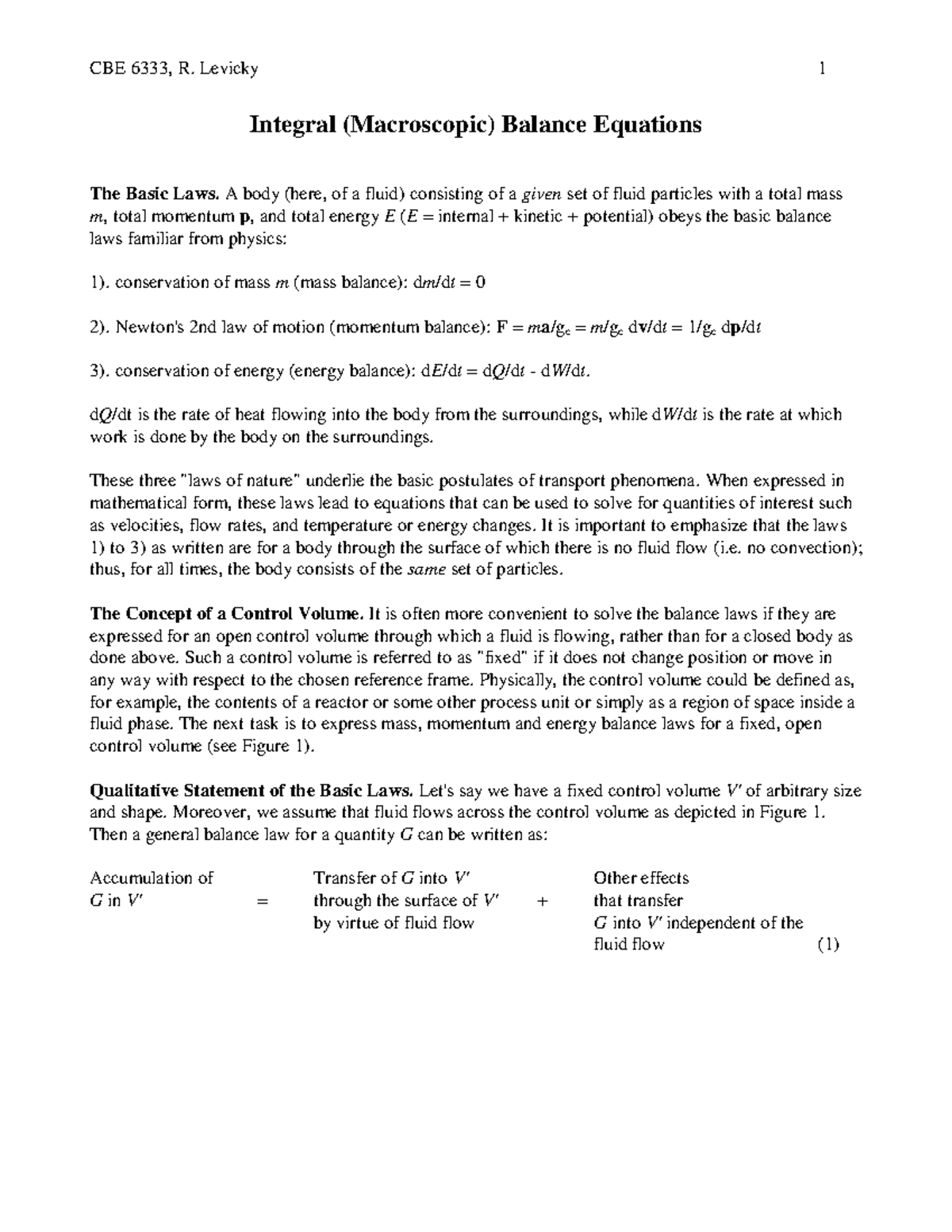 Handout 5 6333 - Integral (Macroscopic) Balance Equations The Basic ...