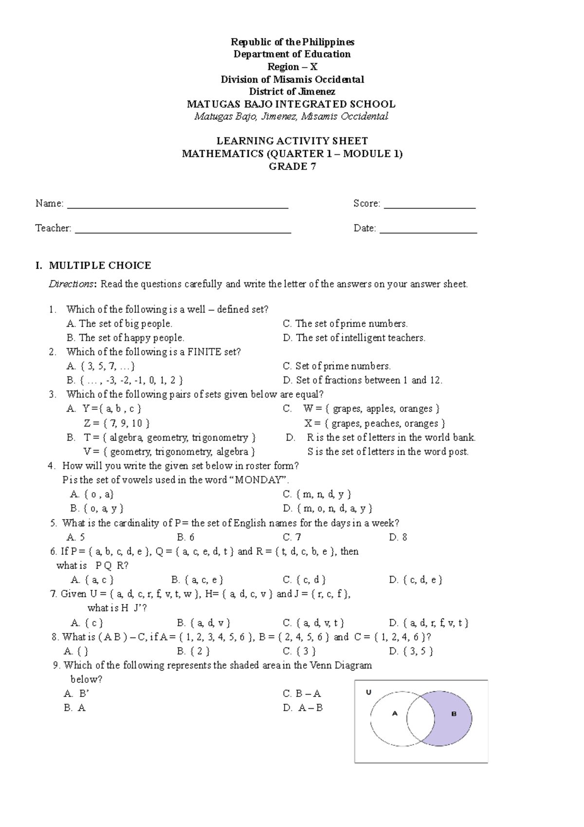 Math Las 7 Module 1 Learning Activity Sheet Republic Of The Philippines Department Of 