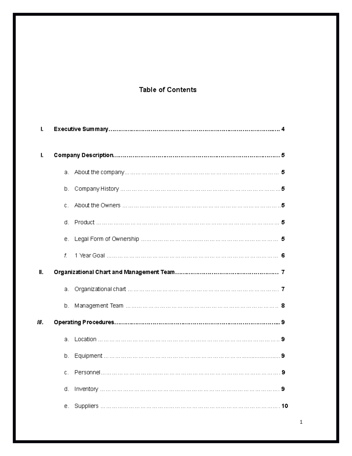 MBJK BIKE SHOP Business PLAN - Table of Contents - **I. Executive - Studocu