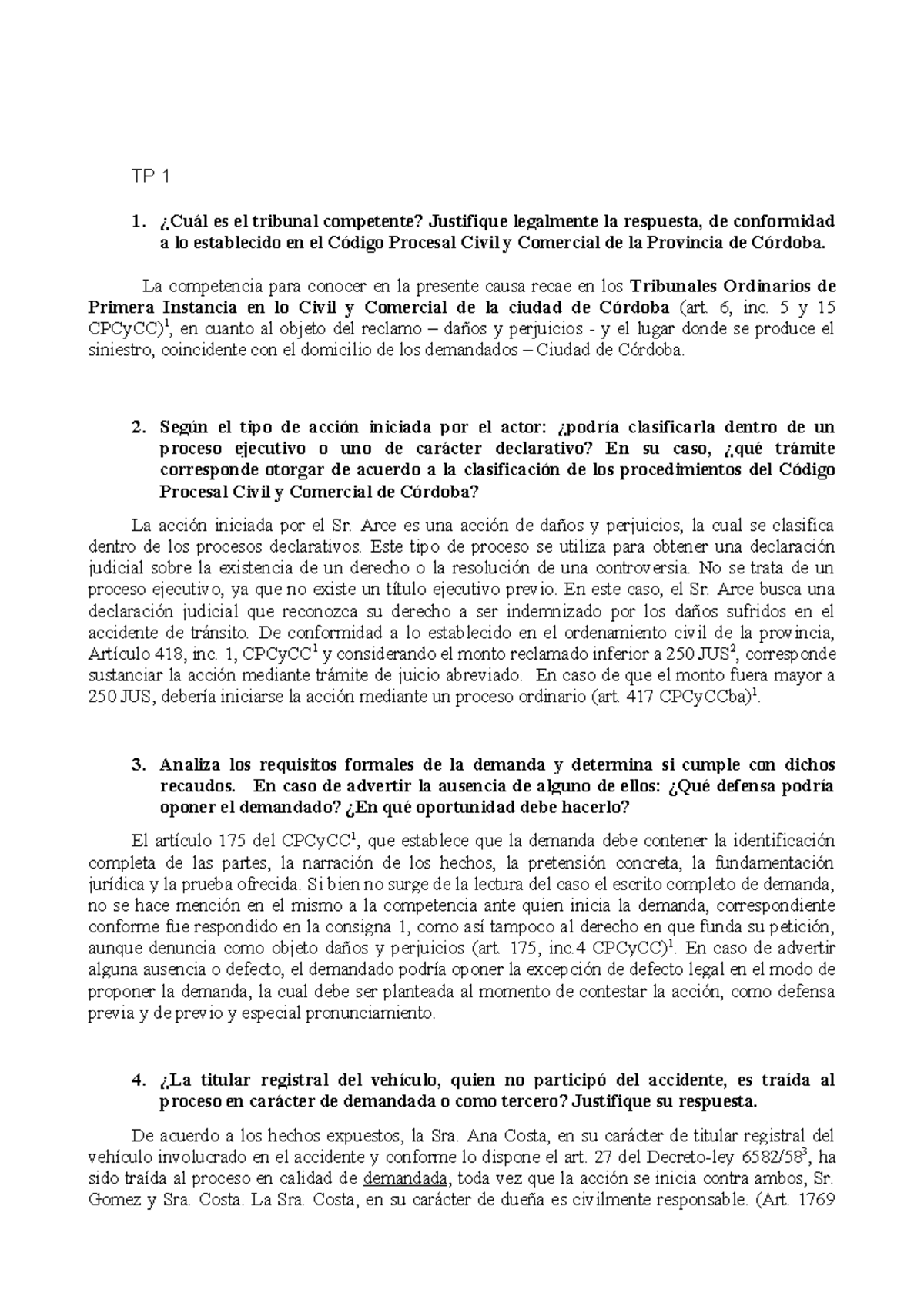 Procesos Civiles - TP 1 - 100% - TP 1 ¿Cuál es el tribunal competente ...