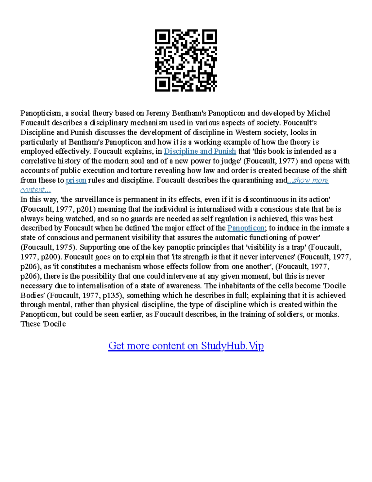 Michel Foucault Panopticism Essay - Panopticism, a social theory based on Jeremy Bentham's - Studocu