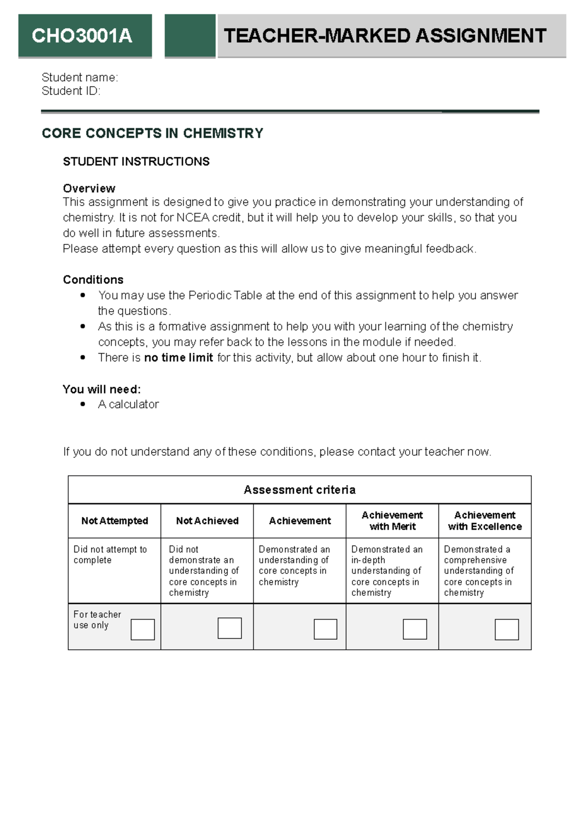CHO3001A TMA - answer - Student name: Student ID: CORE CONCEPTS IN ...