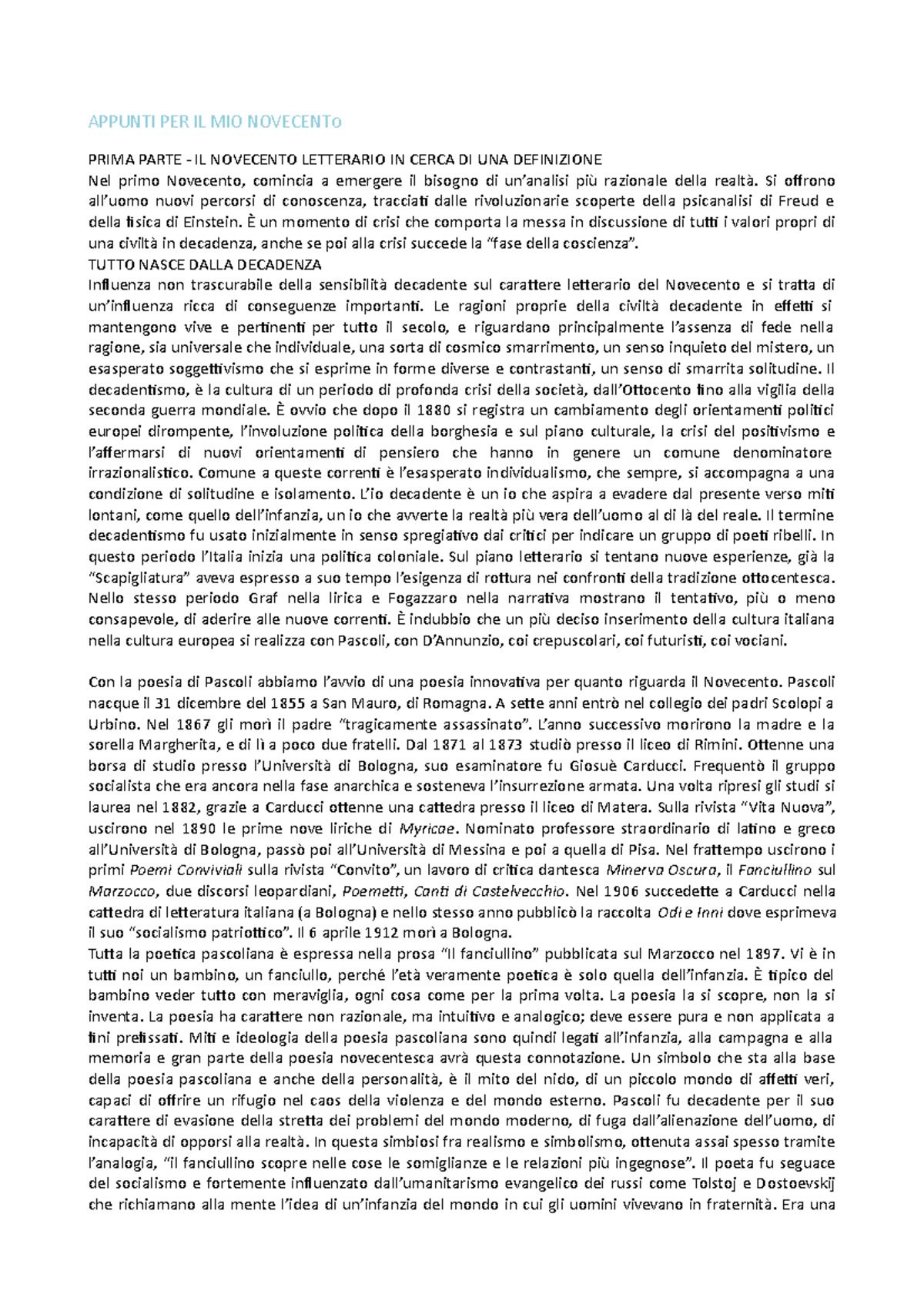 Appunti PER IL MIO Novecento Riassunto 1 - APPUNTI PER IL MIO NOVECENTO ...