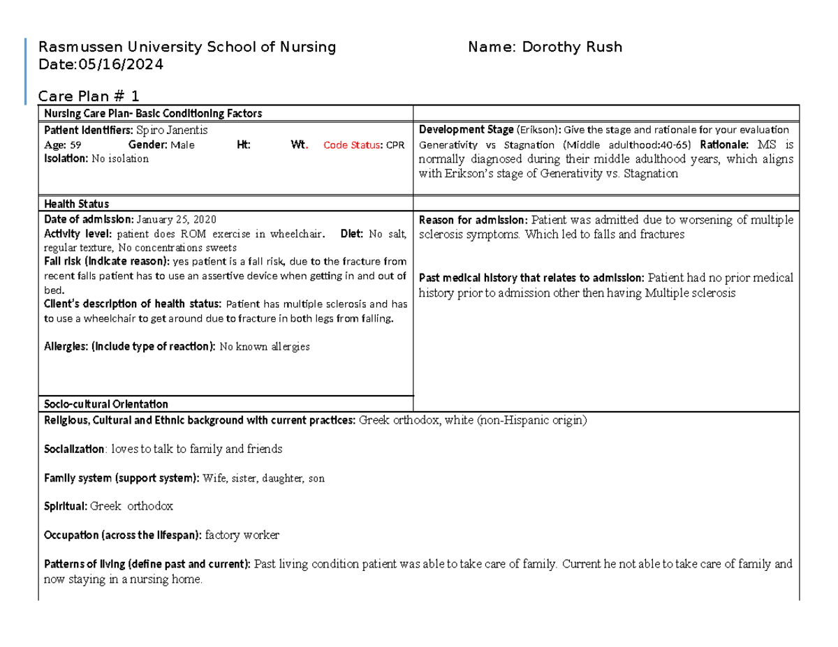 Care Plan Template - Rasmussen University School of Nursing Name ...