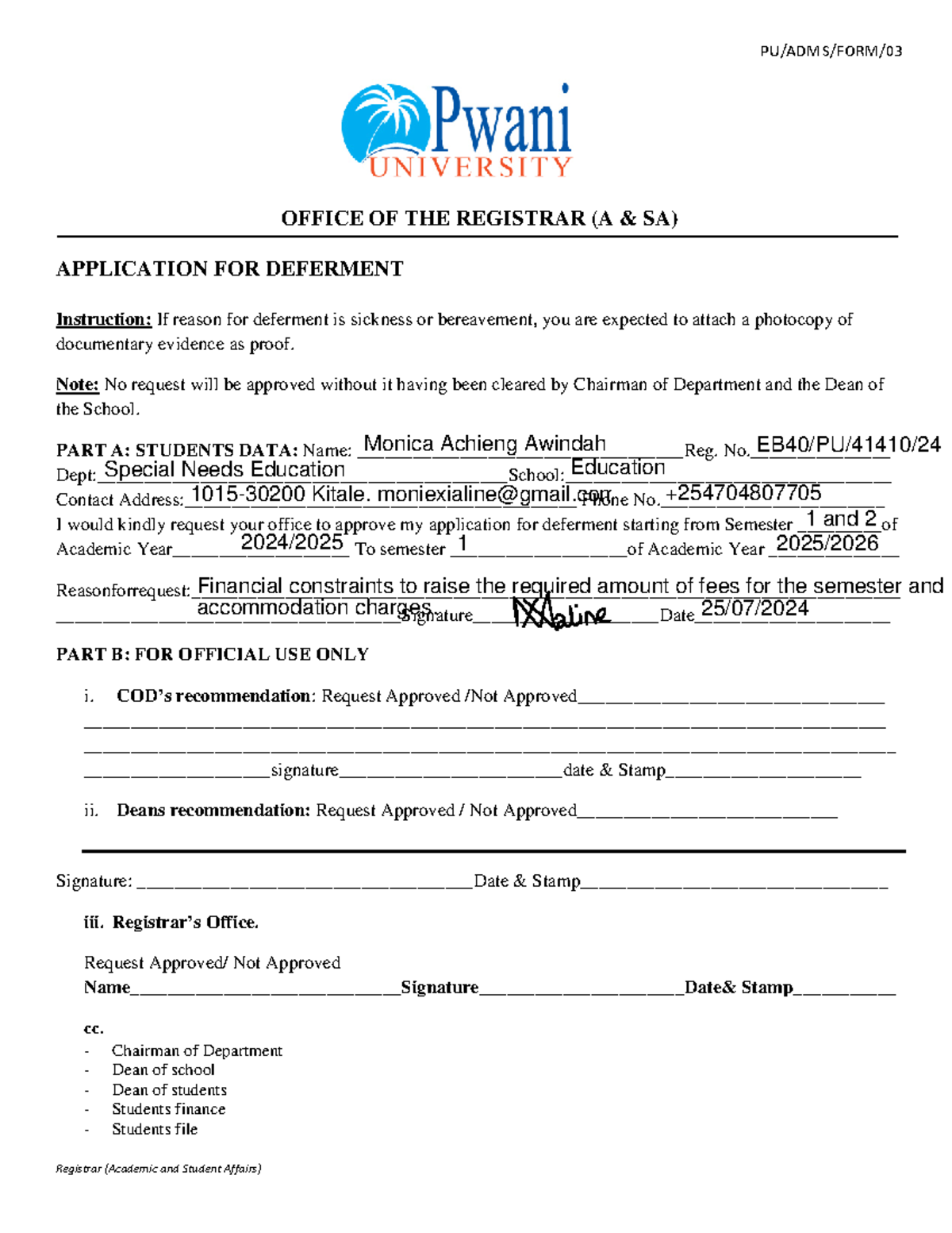 Deferement FORM - Deferment Form - PU/ADMS/FORM/ OFFICE OF THE ...