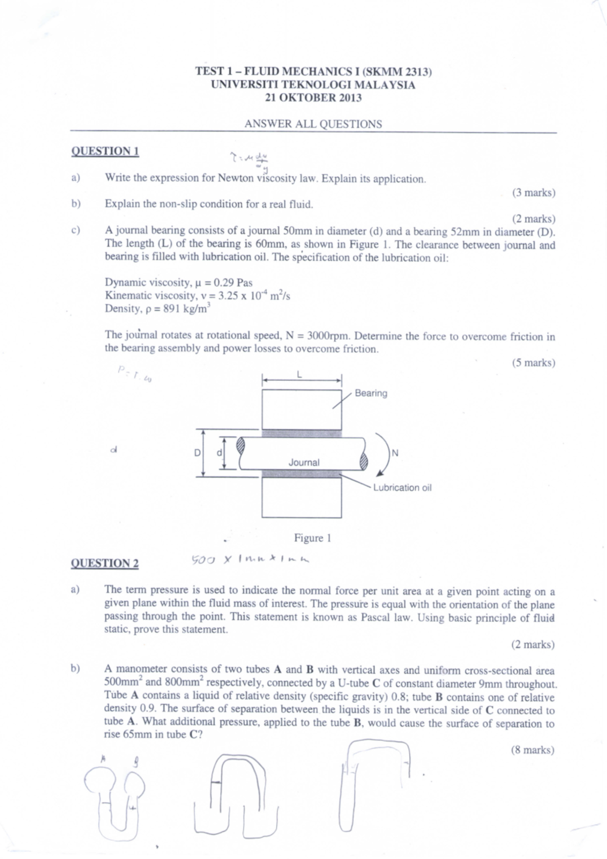 TEST 1 FLUID I QUESTIONS - TEST 1 - FLUID MECHANICS I (SKMM 2313 ...