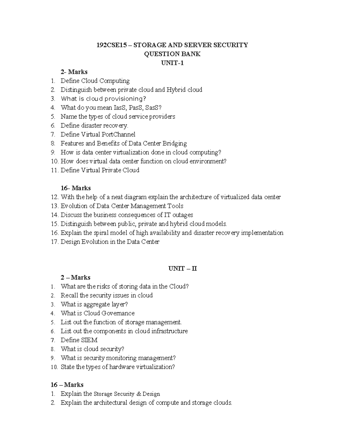 Storage Server and Security- Question Bank - 192CSE15 – STORAGE AND ...