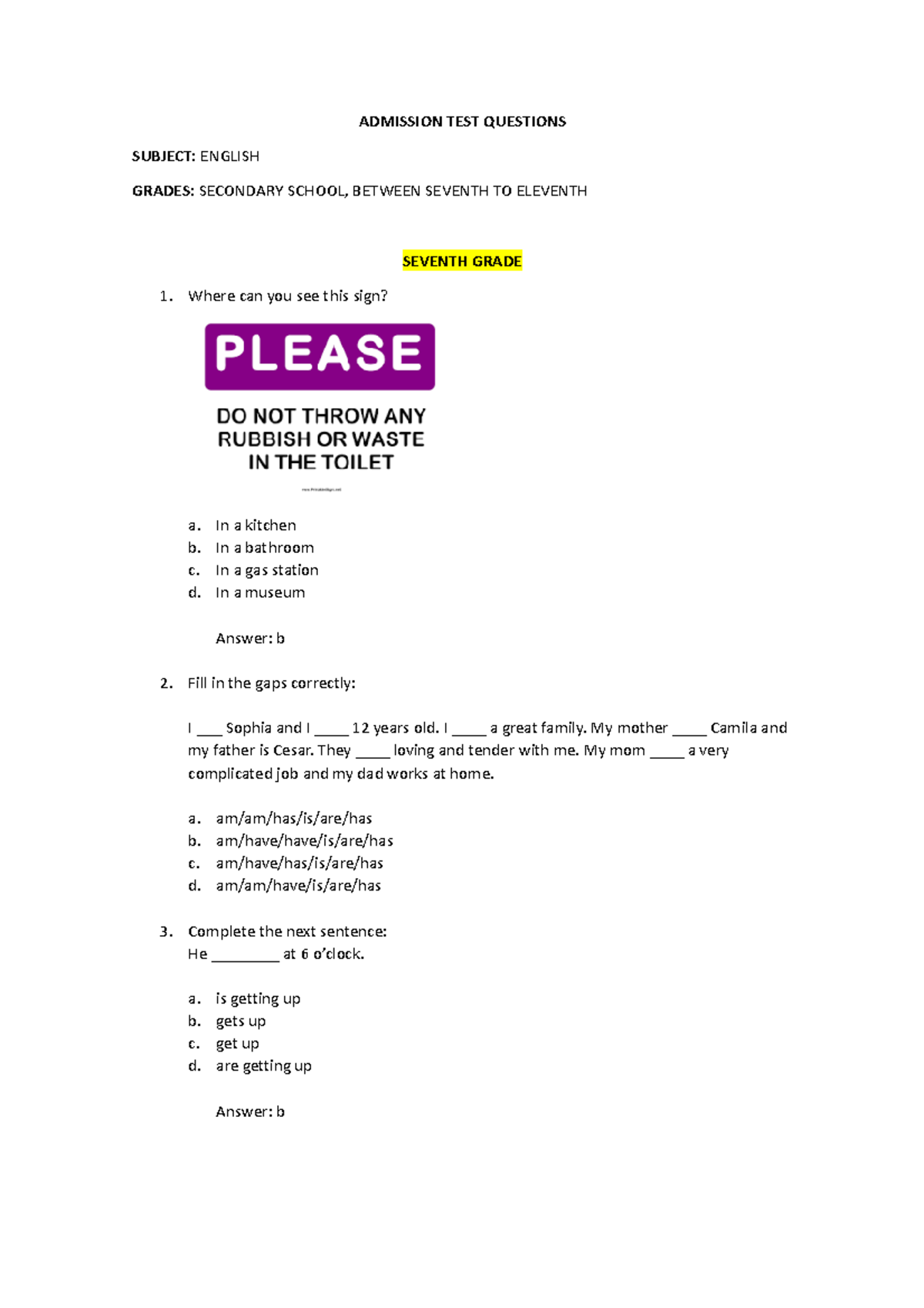 Admission TEST Questions - ADMISSION TEST QUESTIONS SUBJECT: ENGLISH ...