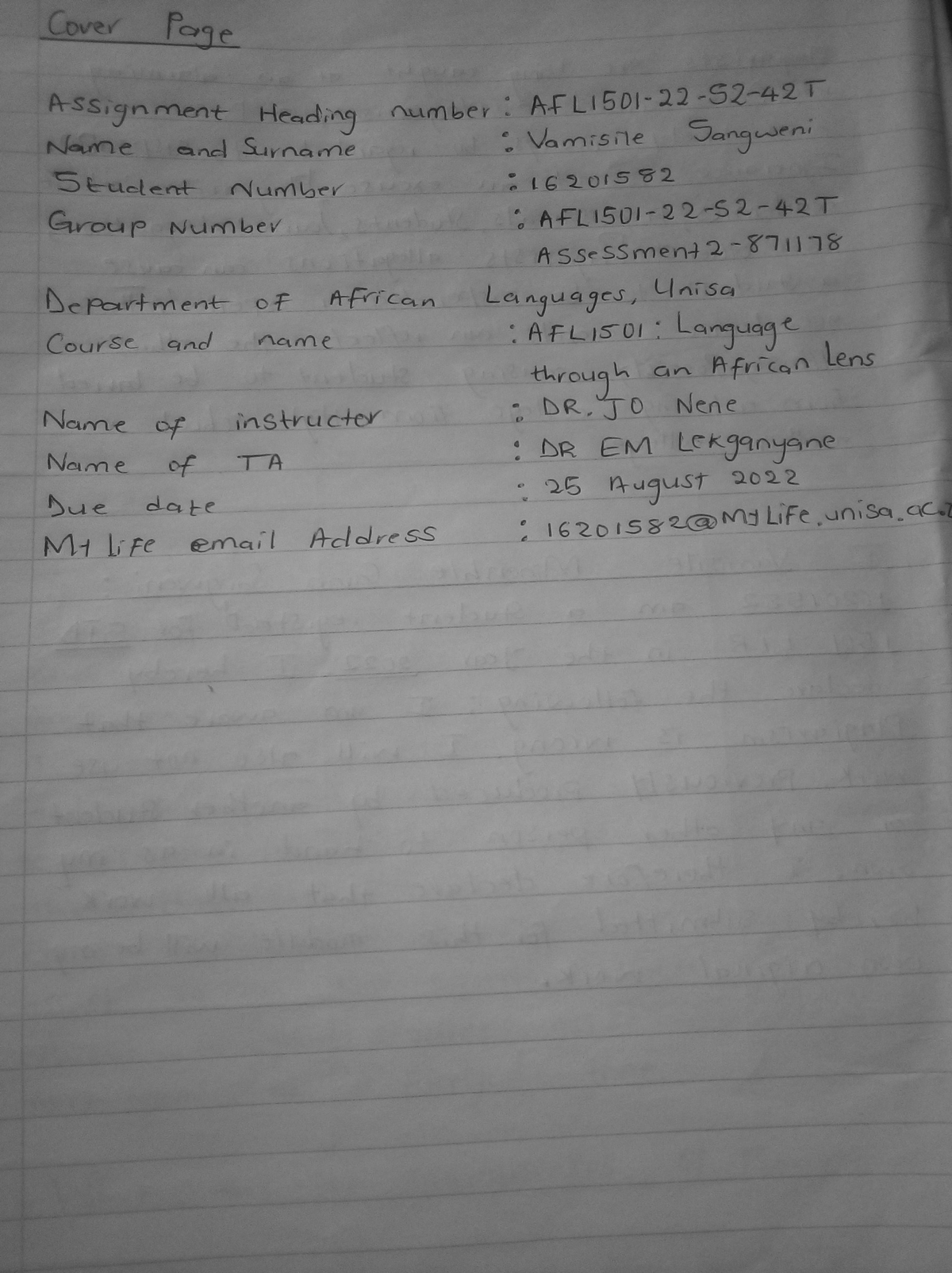 Afl1501 - my work - AFL1501 - Unisa - Studocu