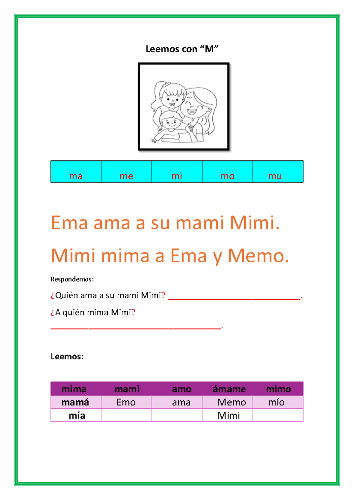 Lecturas - PREPARACION DE EXAMENES - Leemos con “M” ma me mi mo mu Ema ...