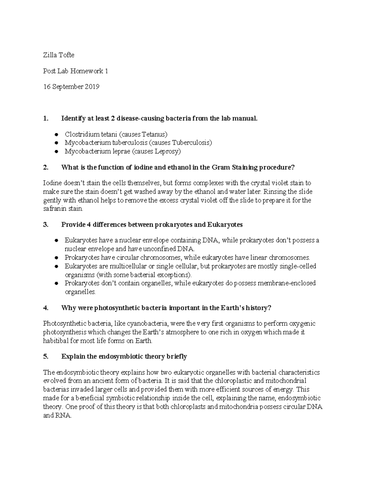 Lab homework 1 - Zilla Tofte Post Lab Homework 1 16 September 2019 1 ...