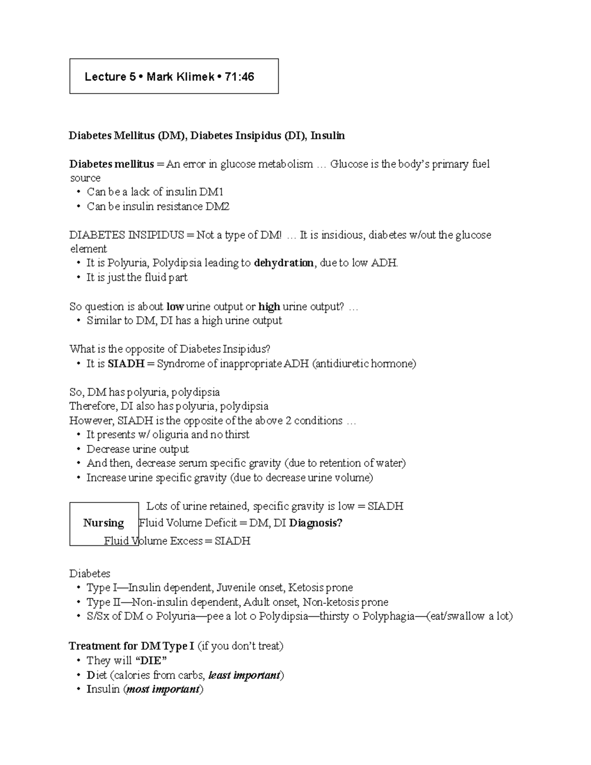 Mark K Lecture 5 - Lecture 5 • Mark Klimek • 71: Diabetes Mellitus (DM ...
