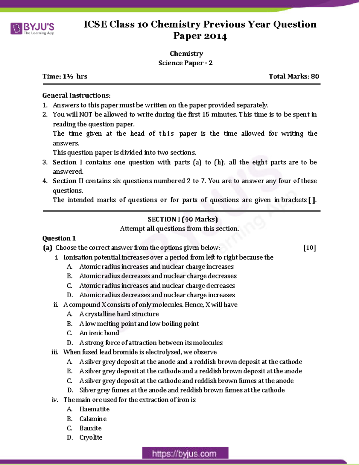 ICSE Class 10 Chemistry Previous Year Question Paper 2014 - Chemistry ...