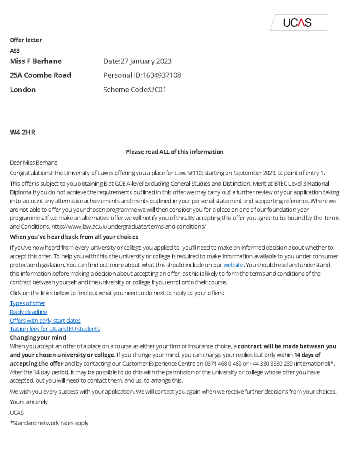 Offer AS3 00001 2023 (27 January 2023) - Offer letter AS Miss F Berhane Date:27 January 2023 25A ...