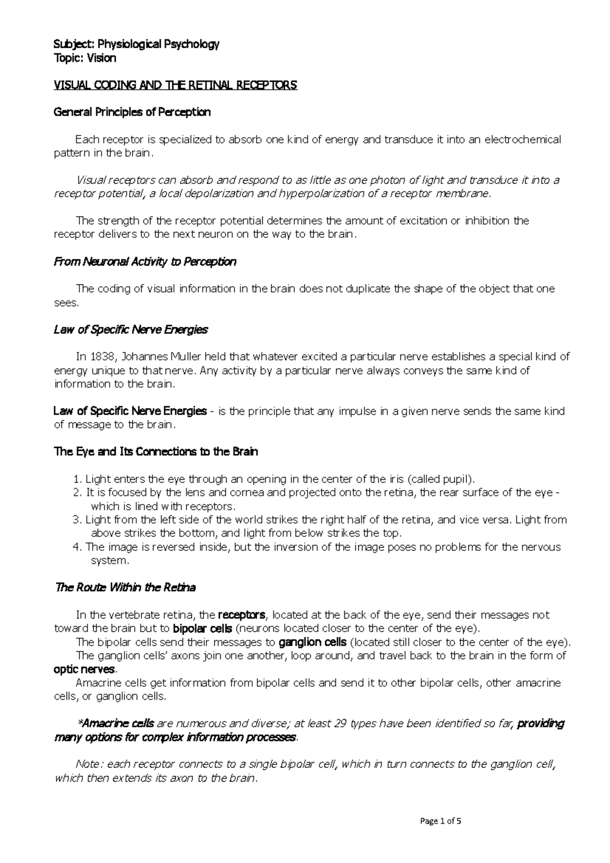 Physio Psy Module 6 - Subject: Physiological Psychology Topic: Vision ...