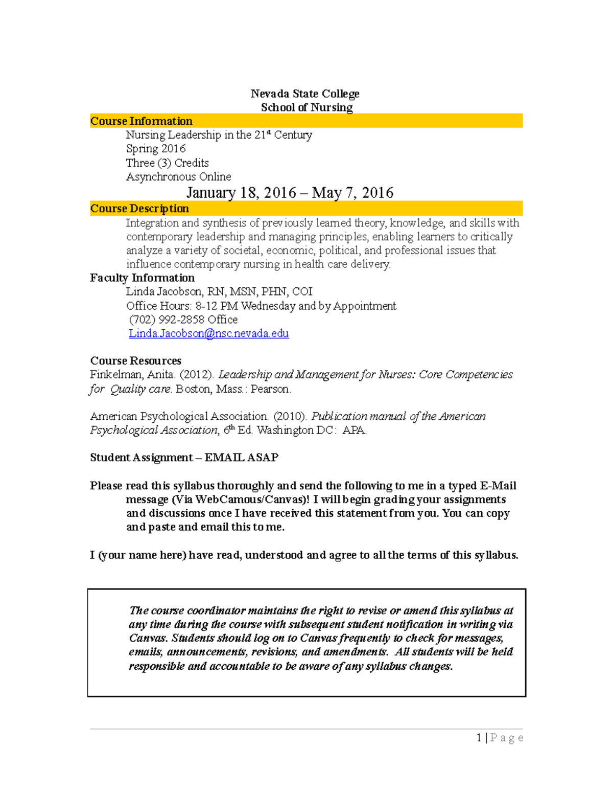 Syllabus Spring - Nevada State College School of Nursing Course ...