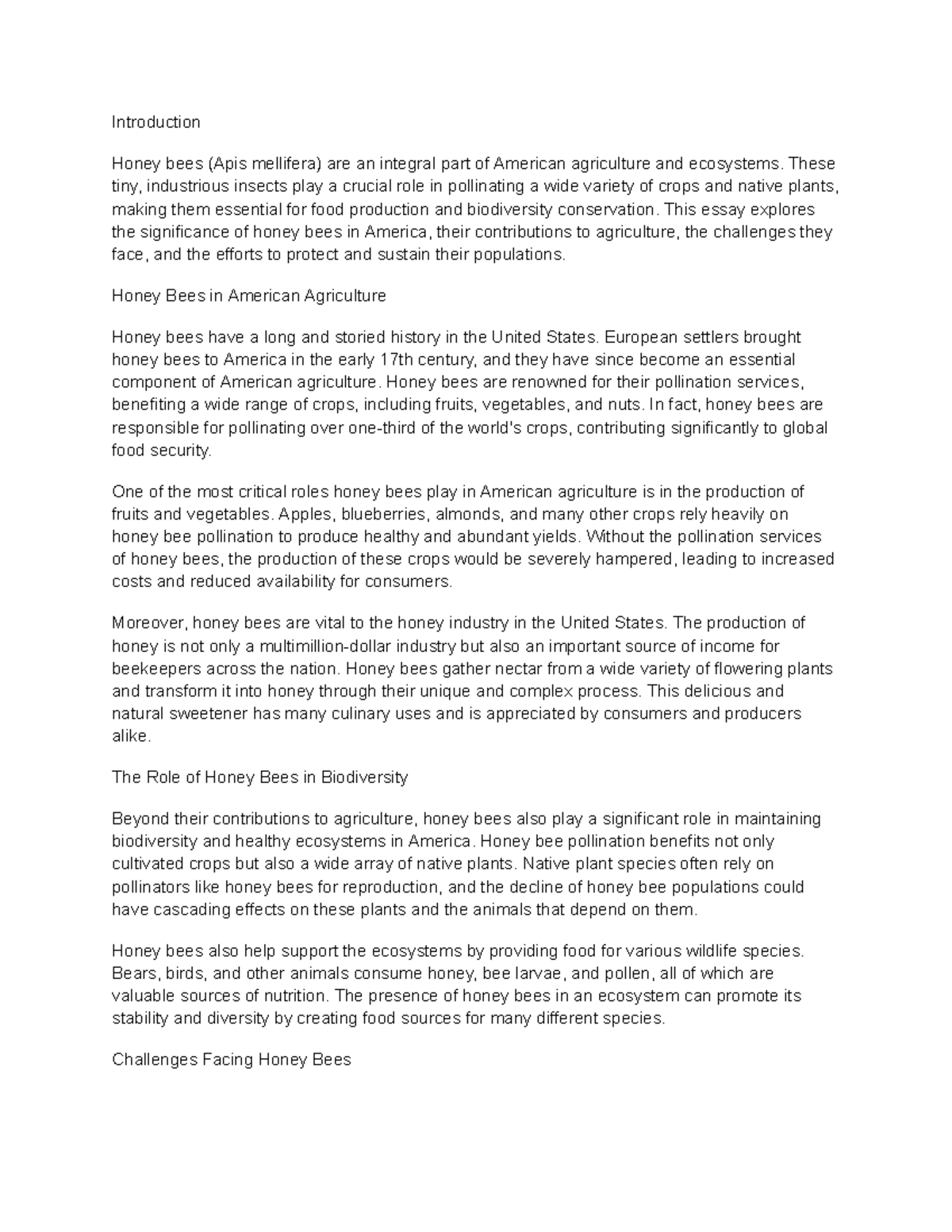 Bee Essay Sample - Introduction Honey bees (Apis mellifera) are an ...