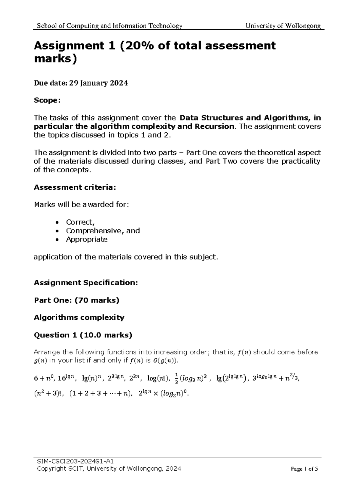SIM-A1-CSCI203-2024S1-v1-Specification - SIM-CSCI203- 2024 S 1 - A 1 Assignment 1 ( 20 % of ...