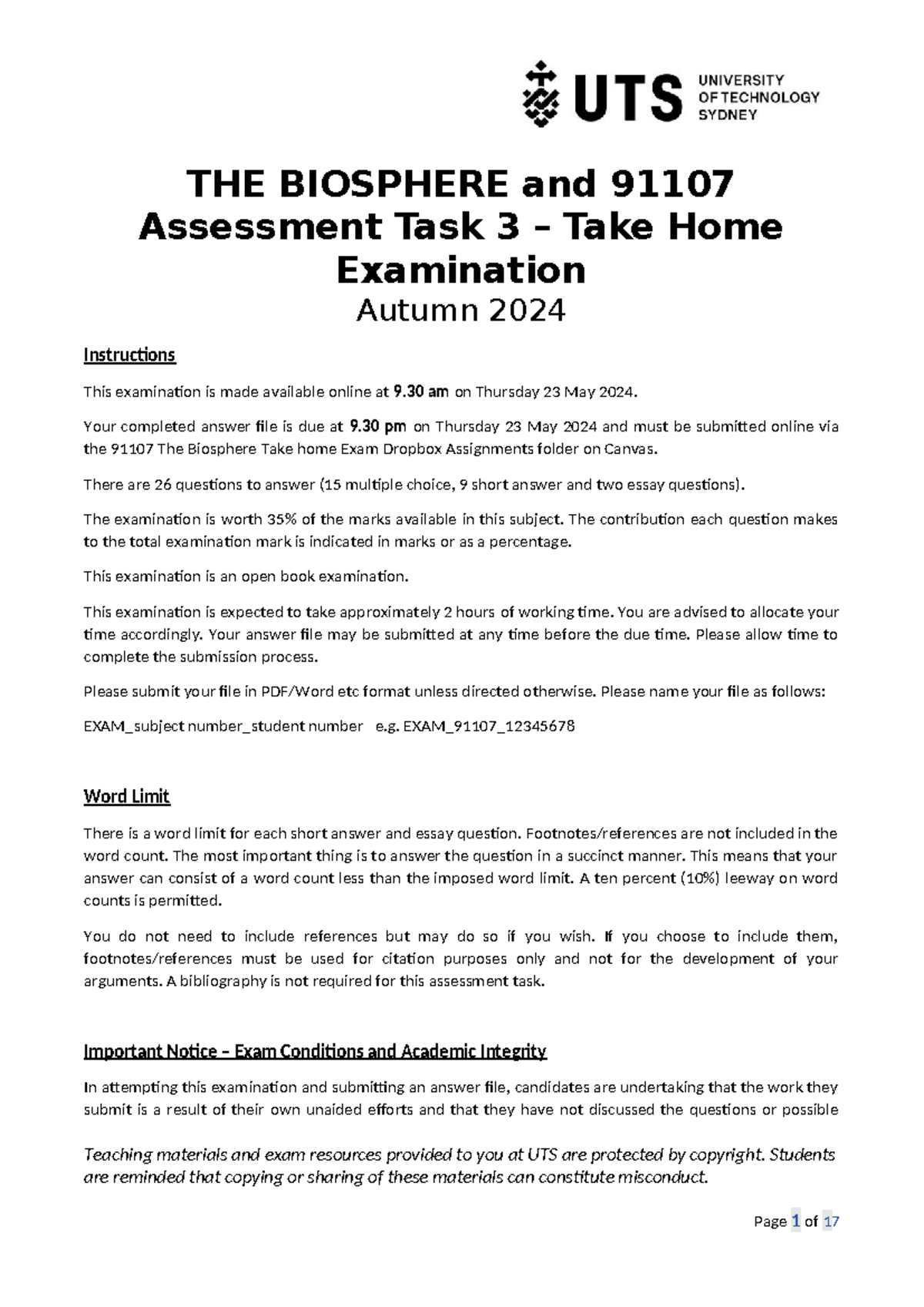 Examination 1 BIO - THE BIOSPHERE and 91107 Assessment Task 3 – Take ...