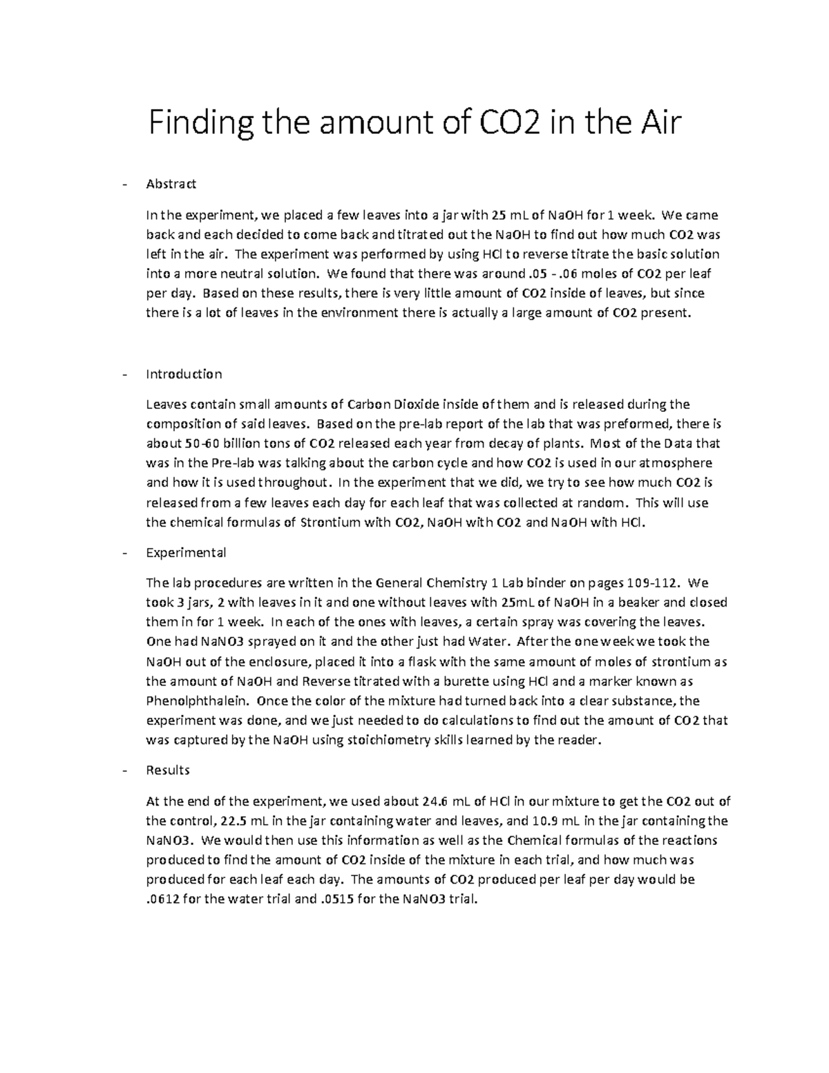 Chem Lab Doc - Lab Report - Finding the amount of CO2 in the Air ...