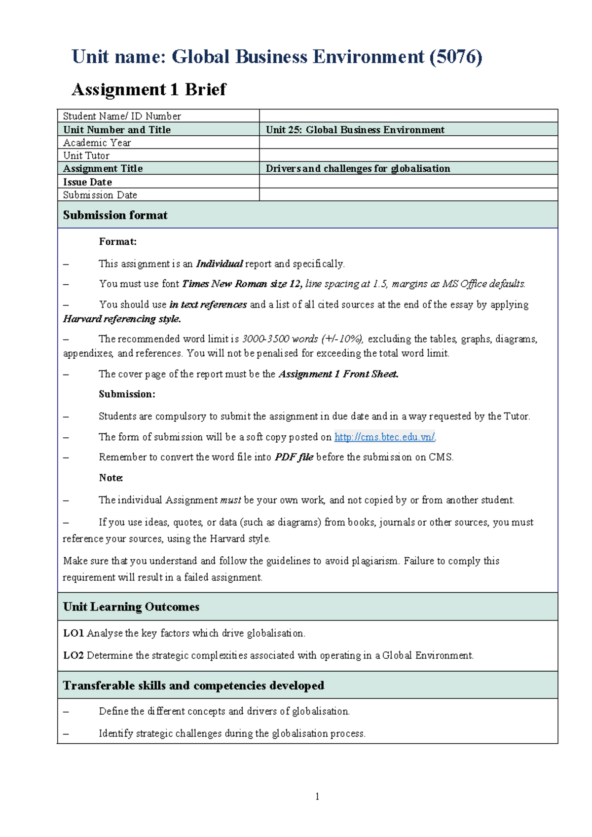 Hướng dẫn ASM 1 - ssss - Unit name: Global Business Environment (5076) Assignment 1 Brief ...