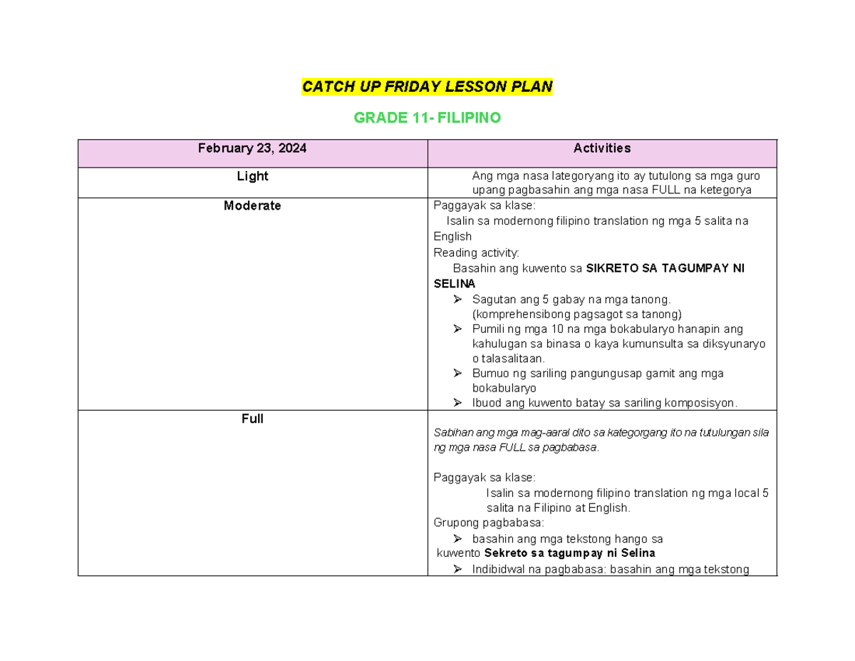 Catch-UP-DLL2 - lesson plan - CATCH UP FRIDAY LESSON PLAN GRADE 11- FILIPINO February 23, 2024 ...
