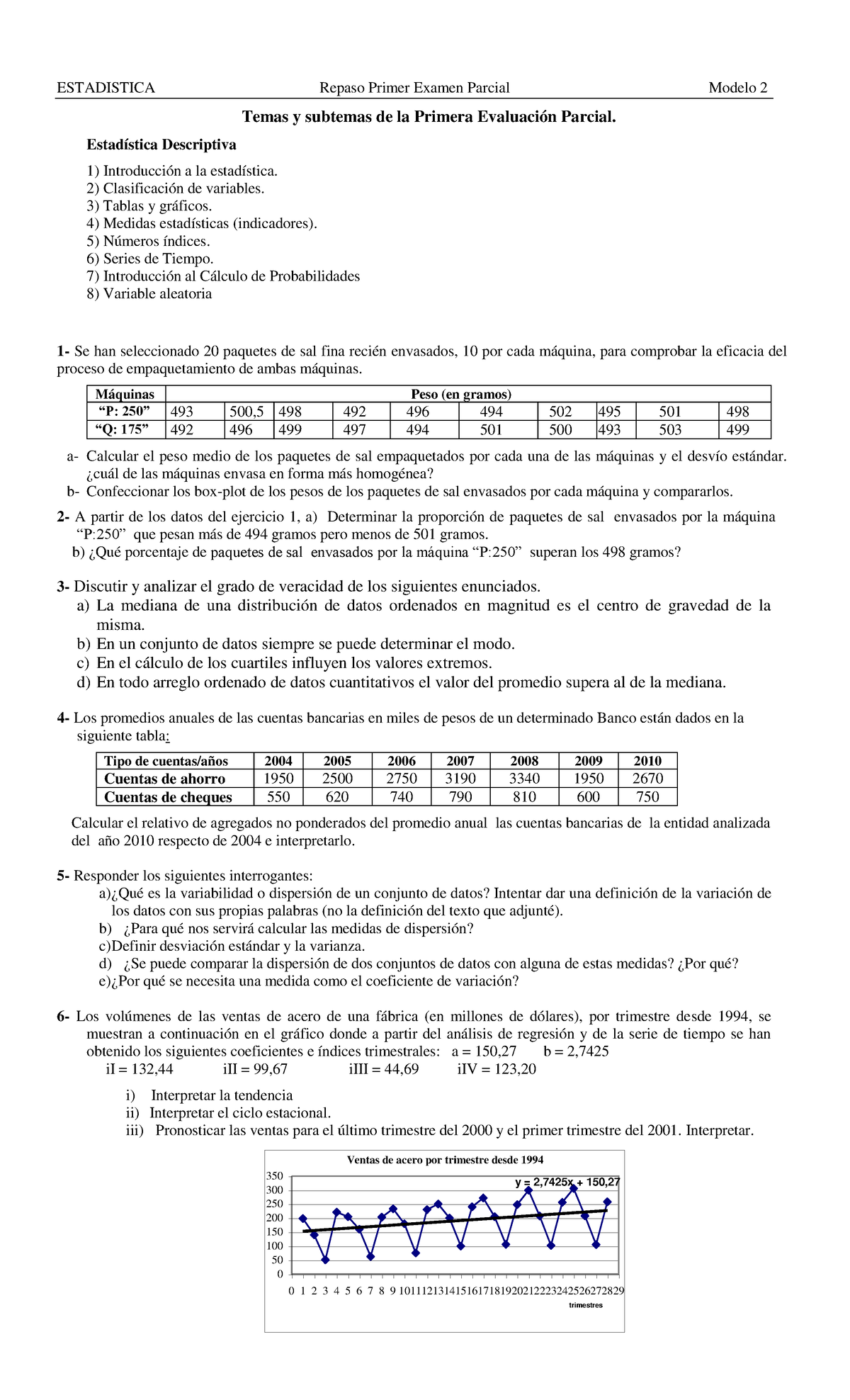 Modelo 2 de Repaso Primer Parcial - ESTADISTICA Repaso Primer Examen Parcial Modelo 2 Temas y ...