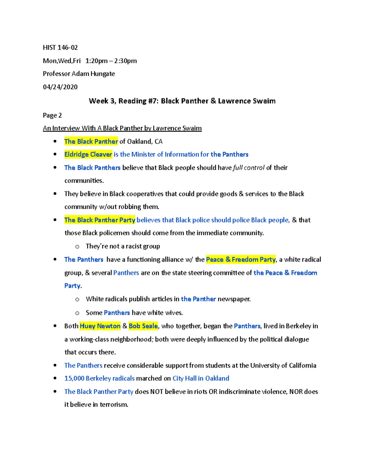 HIST 146 Week 3, Reading 7 Notes: Black Panther and Lawrence Swaim ...
