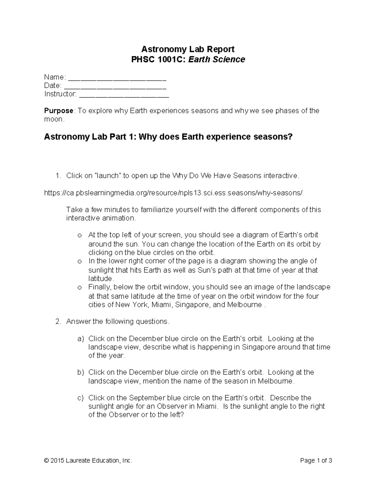 Week2 Lab report - Astronomy Lab Report PHSC 1001C: Earth Science Name