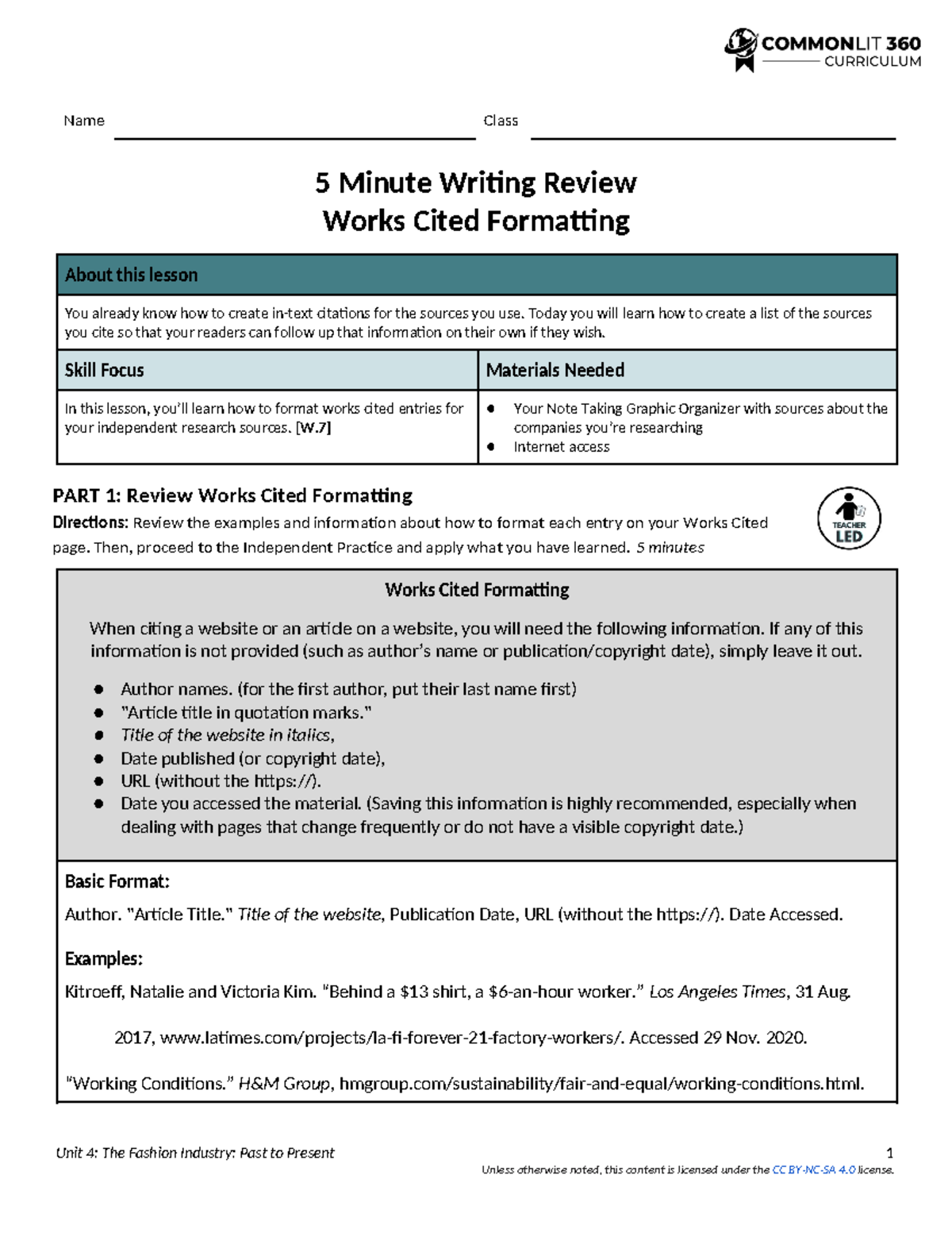 10GUnit 4 5 Minute Writing Review Works Cited Student COPY Ed1 - Name ...