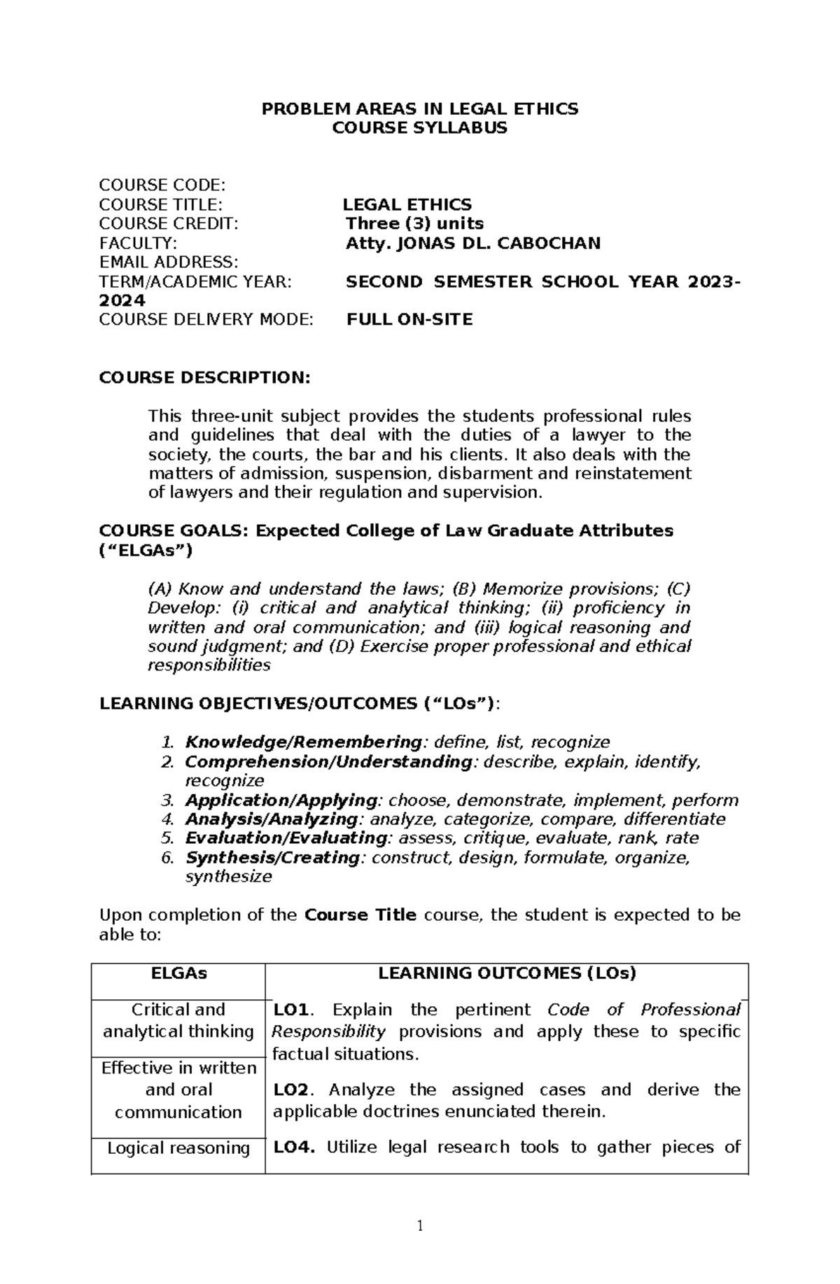 Syllabus-PALE-2024 - PROBLEM AREAS IN LEGAL ETHICS COURSE SYLLABUS ...