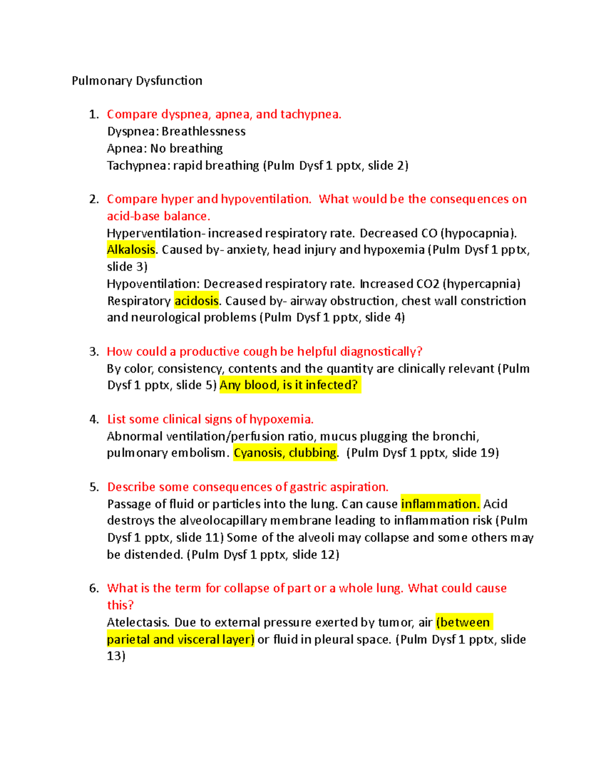 Questions for Pulmonary Dysfunction I - Pulmonary Dysfunction 1 ...